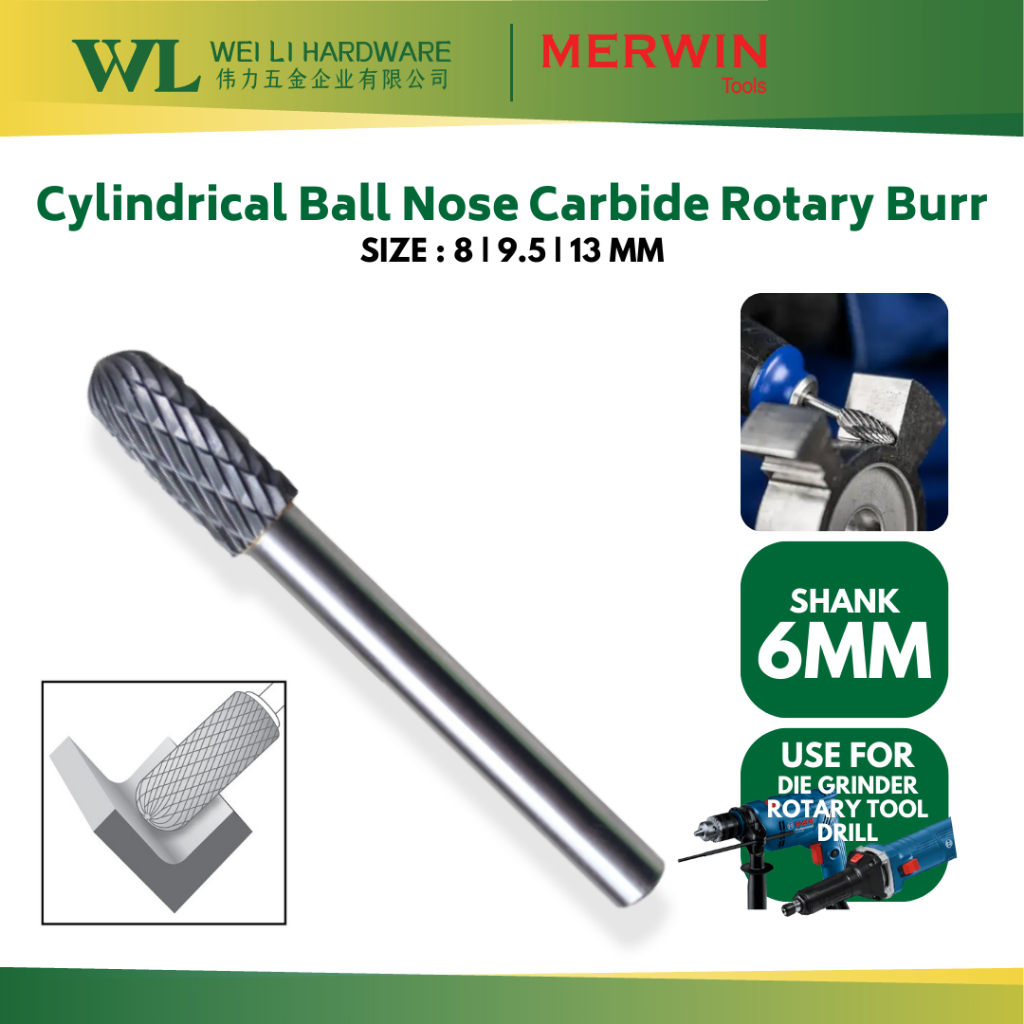 Merwin 6mm Cylindrical Ball Nose Shaft Carbide Rotary Burr Double Cut ...