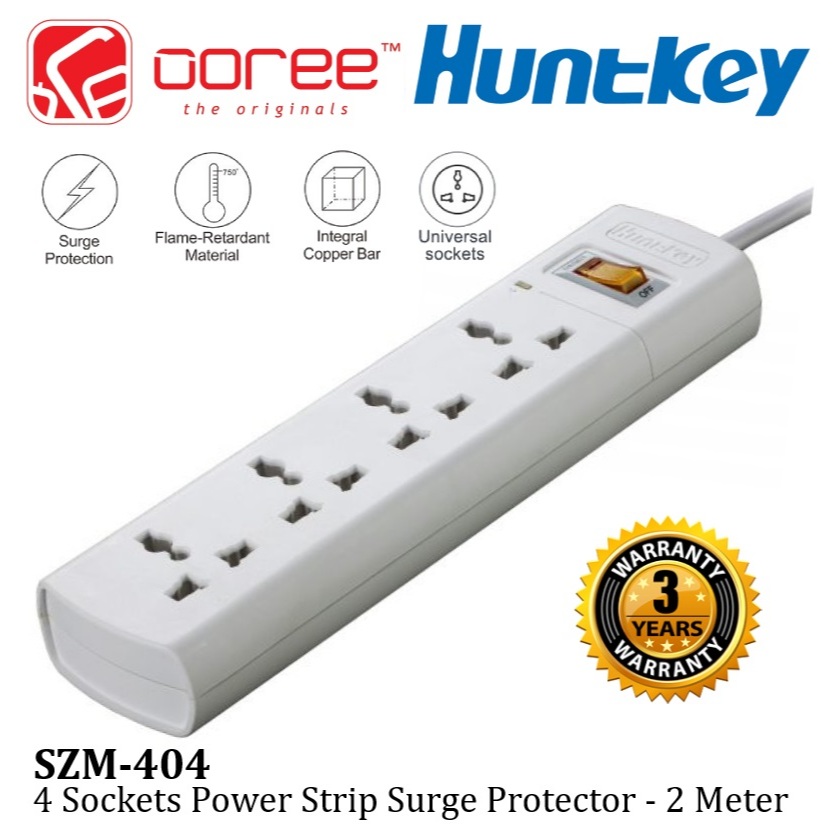 HUNTKEY SZM404 POWER STRIP SURGE PROTECTOR 4 SOCKETS PLUGS 2 METER EXTENSION SOCKET PLUG SOCKET ...