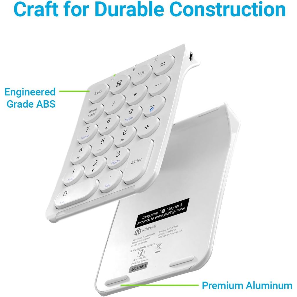 iClever IC-KP08 Number Keyboard Pad, Bluetooth Portable Wireless Rechargeable Numeric Keypad ...