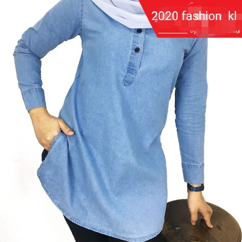 🔥Denim Baju Muslimah🔥Women Muslimah Shirt Long Sleeve Denim Blouse ...