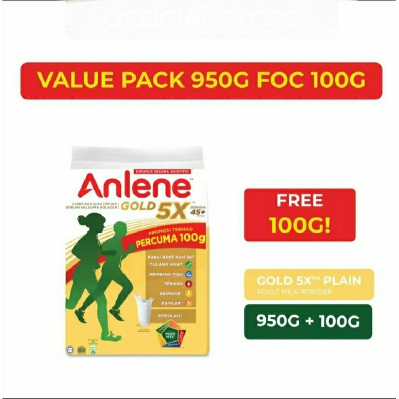 ANLENE Gold 5X High Calcium High Protein Plain Milk Powder Susu Tepung ( 950g FOC 100G) | Shopee ...