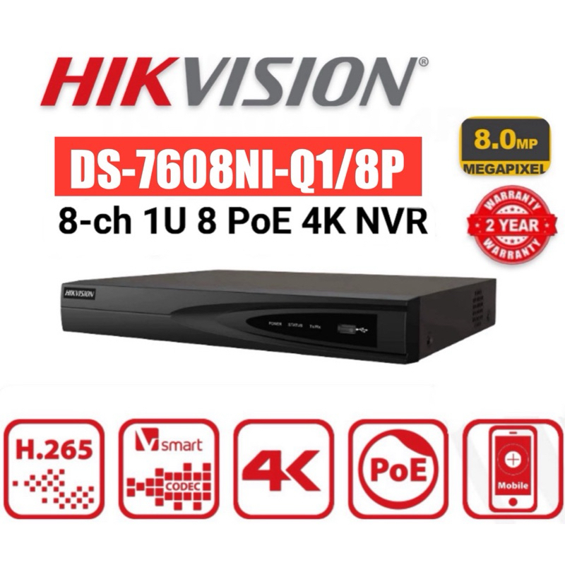 HIKVISION CCTV 8CH DS-7608NI-Q1/8P NVR Network 8MP 4K Plug And Play IP NVR Network Video ...