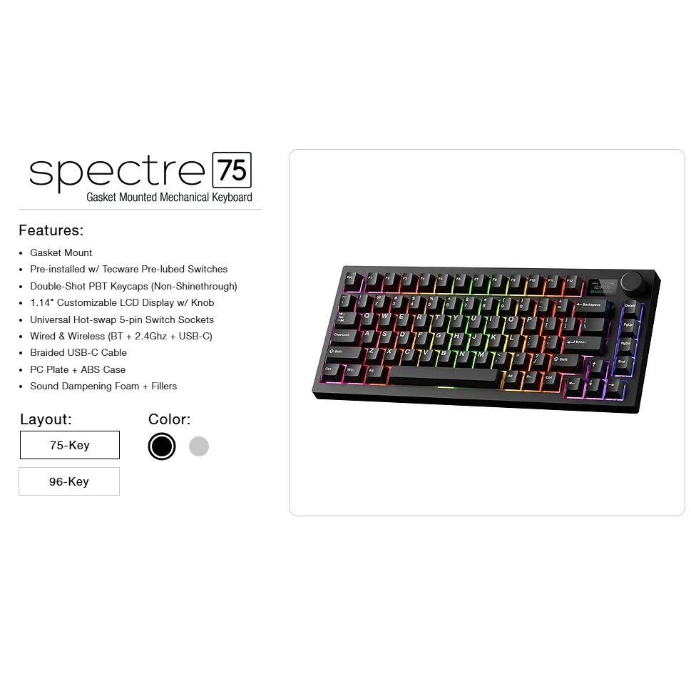 TECWARE SPECTRE 75 / SPECTRE 96 GASKET MOUNTED MECHANICAL KEYBOARD ...