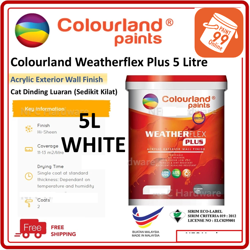 5L ( WHITE ) COLOURLAND PAINTS Weatherflex Plus 5 Litre (Cat Dinding ...