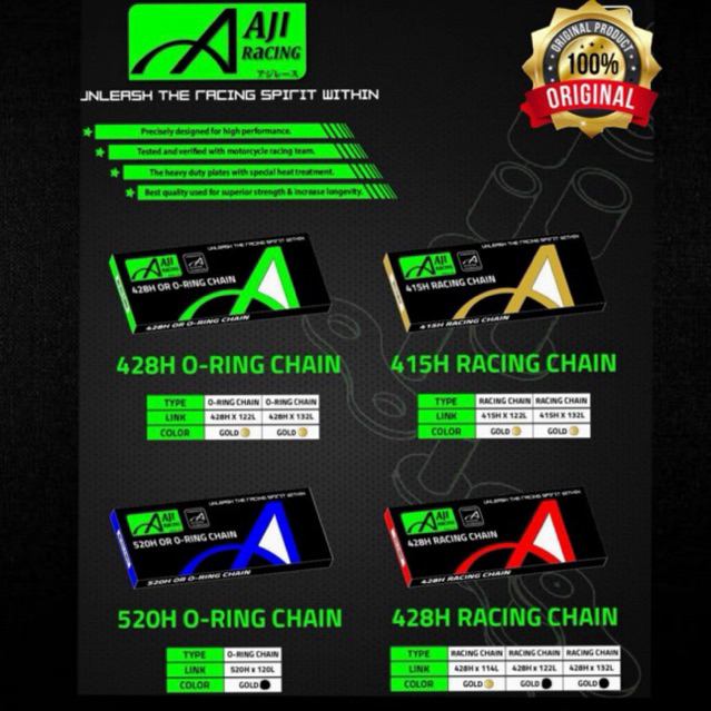Aji Racing Rantai Motor ORIGINAL Heavy Duty Gold Chain OR O Ring Colour Chain 415 415H 428 428H ...