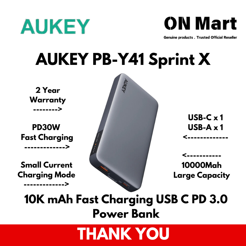 Aukey PB-Y41 Sprint X 30W PD 10K mAh Fast Charging USB C PD 3.0 Power ...