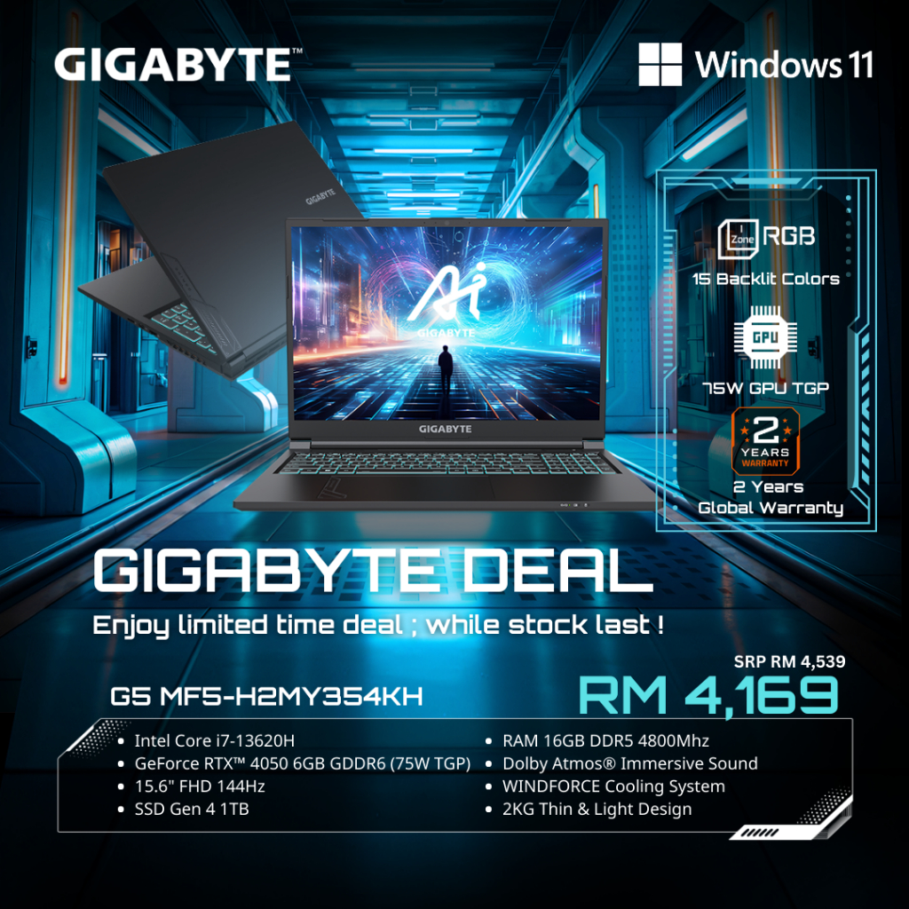GIGABYTE G5 MF5 H2MY354KH Gaming Laptop (15.6" FHD IPS/144Hz/I7-13620H/RTX 4050 6GB/1TB SSD/16GB ...
