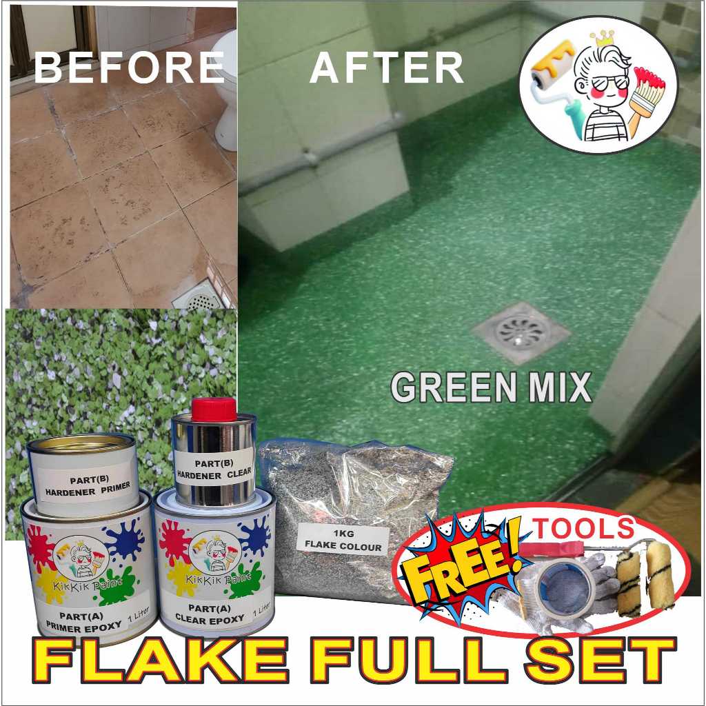 FULL SET Flake Coating Epoxy Toilet Tile Floor flakes Waterproof ( FREE Tools / 1KG FLAKE /1L ...