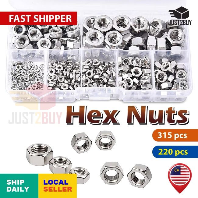 【STOK M'SIA】315/220pcs Nat Enam Segi M2-M8 Hex Nuts Stainless Steel ...
