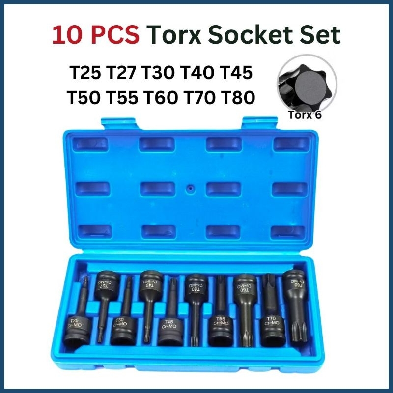 10pcs 1/2 Inch Torx Impact Socket Set T25-T80 CR-MO Set T Type Impact ...