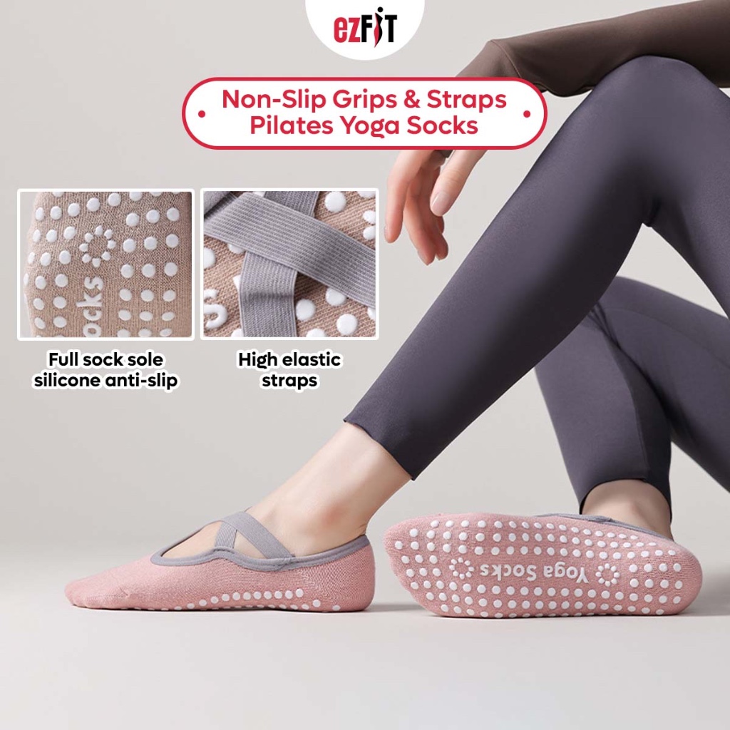 EzFit Pilates Socks Yoga Non-Slip Grips & Straps Silicone Base indoor ...