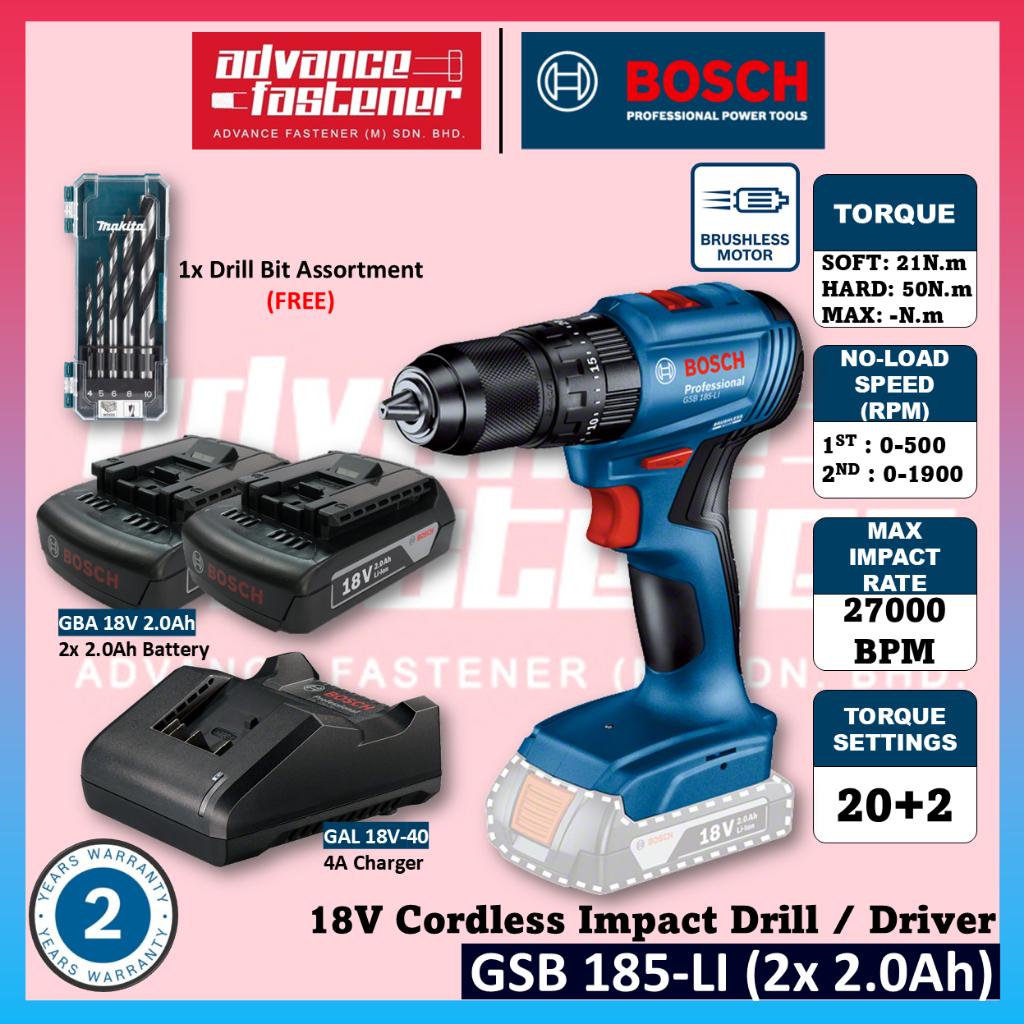 BOSCH GSB 185-LI 18V Cordless Impact Drill / Driver Hammer Driver Drill ...