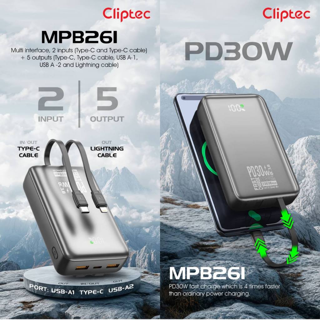 CLIPTEC MPB261 20000MAH PD30W FAST CHARGING POWER BANK WITH TYPE-C AND ...