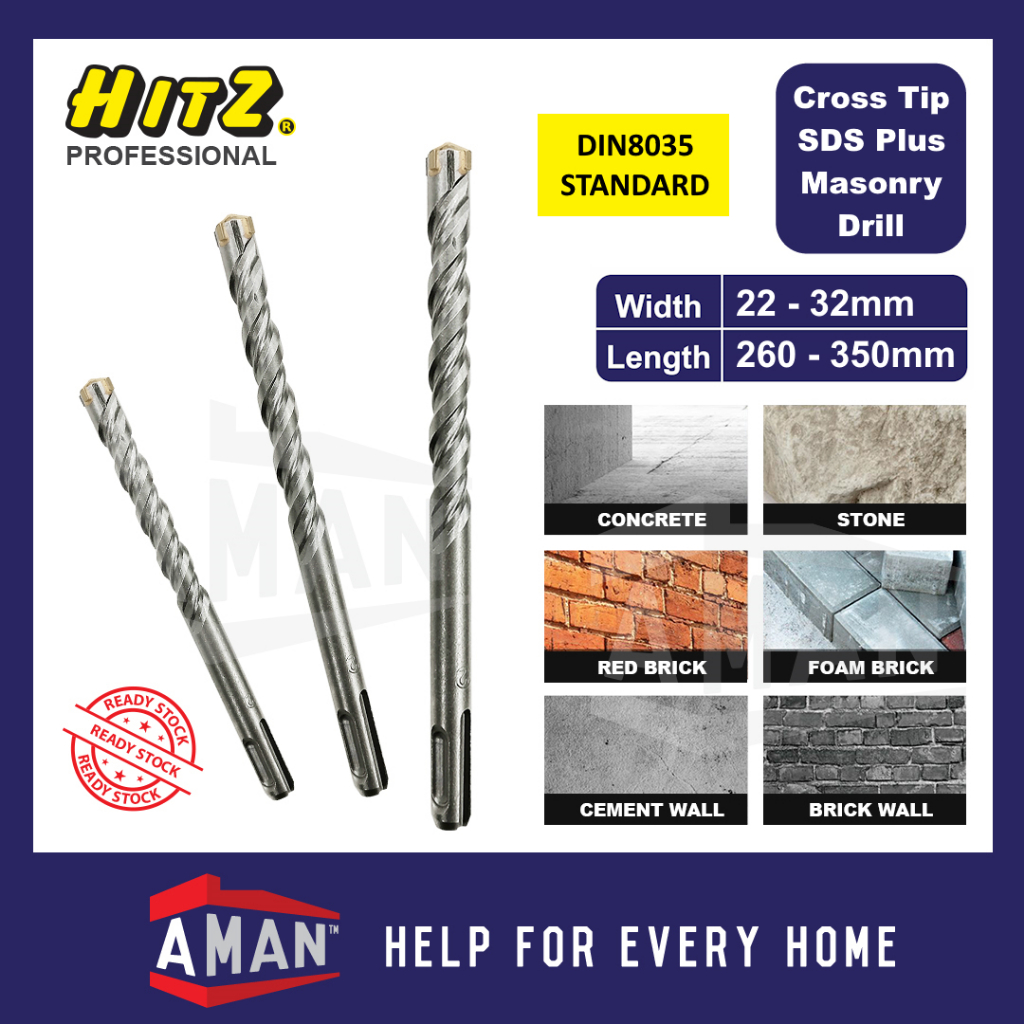 HITZ SDS Plus Drill Bits 4 Flute Cutter Carbide Tip 22mm - 32mm ...