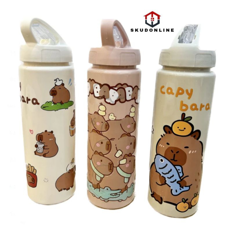 Capybara Cartoon Sport Water Bottle with Straw Lunch Box Cup Kids Plate ...