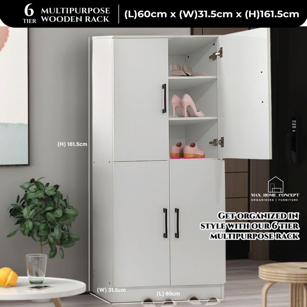 6 TIER WOODEN MULTIPURPOSE CABINET | RAK KASUT 6 TINGKAT | KABINET ...