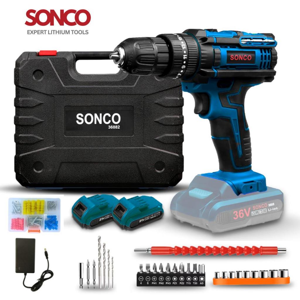 SONCO 36882 Cordless Impact Drill Screwdriver 2 Battery Hammer Drill 3 ...