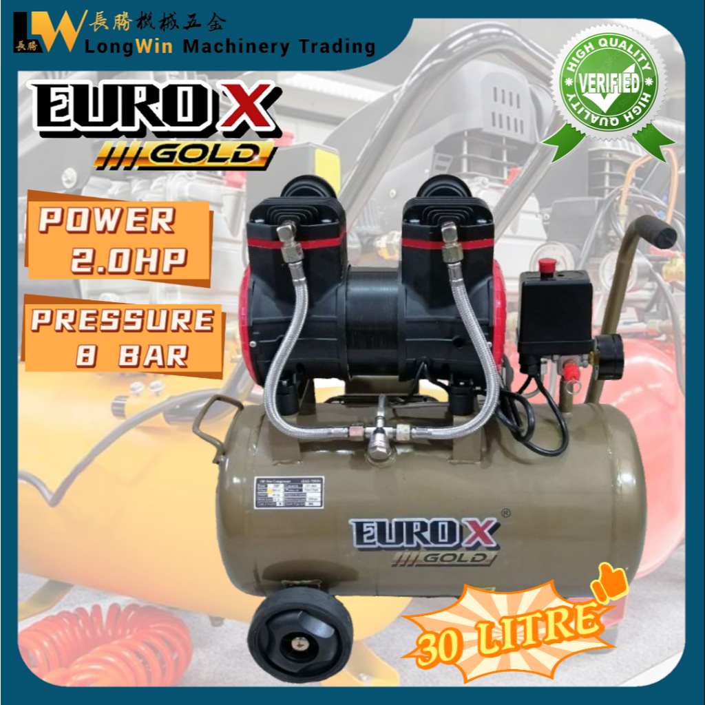 EUROX/// EAZ75030 2.0HP 30Litre Oiless Single Phase Air Compressor 8 Bar 1500W Kompresor Senyap ...