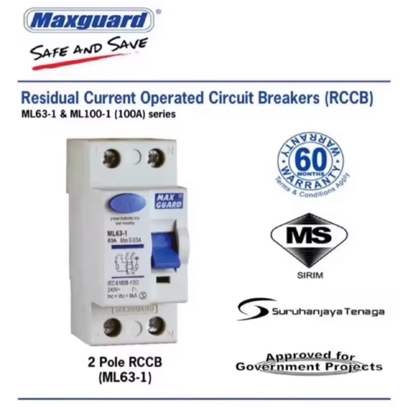 MAXGUARD 2 POLE 4 POLE ELCB / RCCB 16A / 20A / 25A / 40A / 63A （10mA / 30mA & 100mA）SIRIM ...