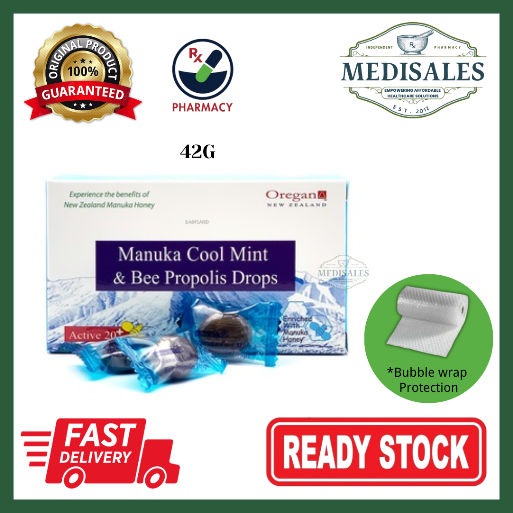 OREGAN MANUKA COOL MINT & BEE PROPOLIS DROPS LOZENGES 42G (EXP 11/2026 ...