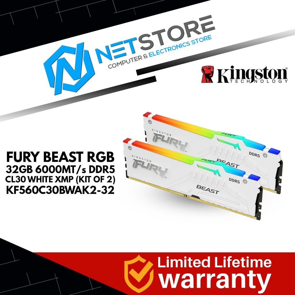 KINGSTON FURY BEAST RGB 32GB 6000MT/s DDR5 CL30 DIMM (Kit of 2) White RGB XMP - KF560C30BWAK2-32 ...