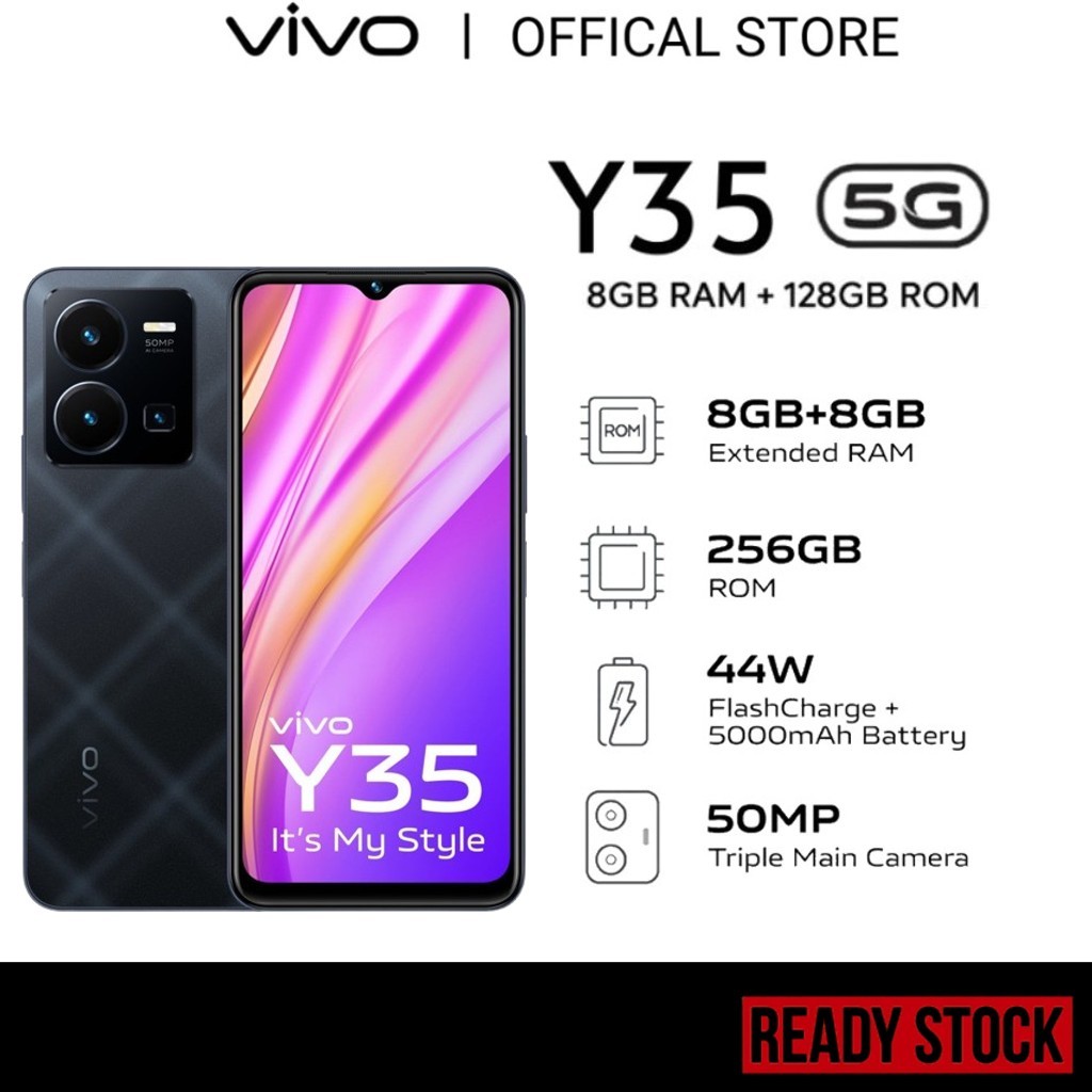 NEW VIVO Y35 5G 8GB RAM +256GB ROM Smartphone 33W FlashCharge + 5000 mAh 50MP Fun Camera 6.64 ...