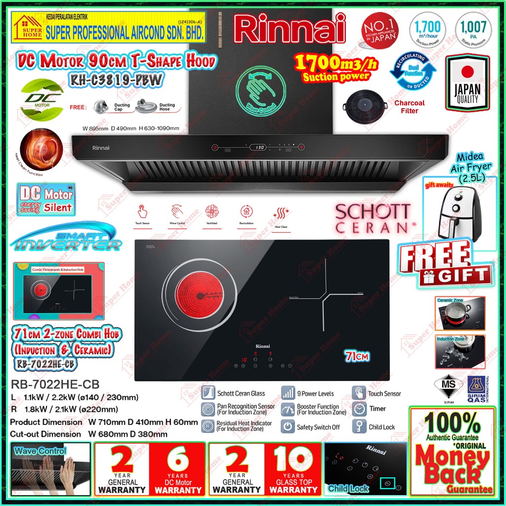 Rinnai Electric Hob RB-7022HE-CB 2-in-1 Vitroceremic Induction Hob / Rinnai Hood RH-C3819-PBW ...