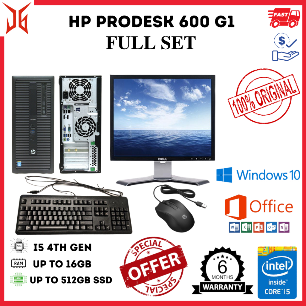 HP PRODESK 600 G1 TWR INTEL CORE i5 4TH GEN RAM 16GB 512GB SSD DELL 19" HD MONITOR FULL SET W10 ...