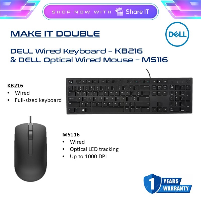 Dell KB216 & MS116 - Wired Keyboard & Optical Wired Mouse [ Save Up RM 8 ] | Shopee Malaysia