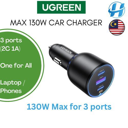 UGREEN 130W Dual USB-C PD + USB-A Fast Car Charger | Shopee Malaysia