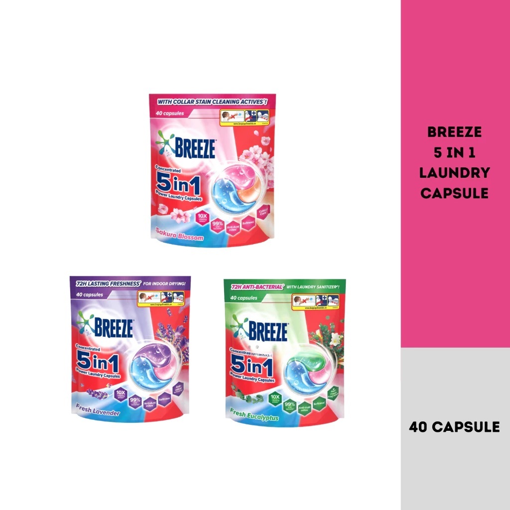Breeze Concentrated 5in1 Power Laundry Capsules Pouch Sakura Blossom / Fresh Lavender / Fresh ...
