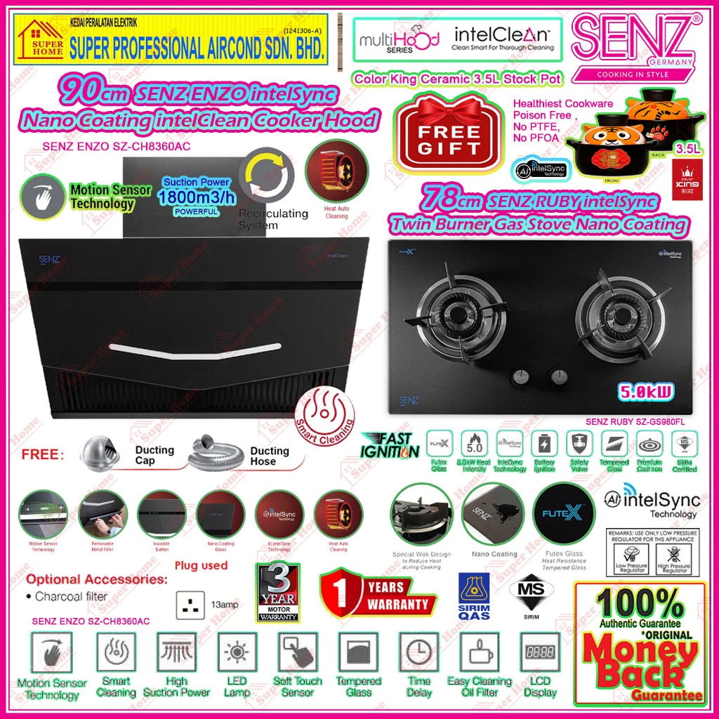 SENZ ENZO SZ-CH8360AC Cooker Hood Nano Coating / SENZ RUBY SZ-GS980FL ...