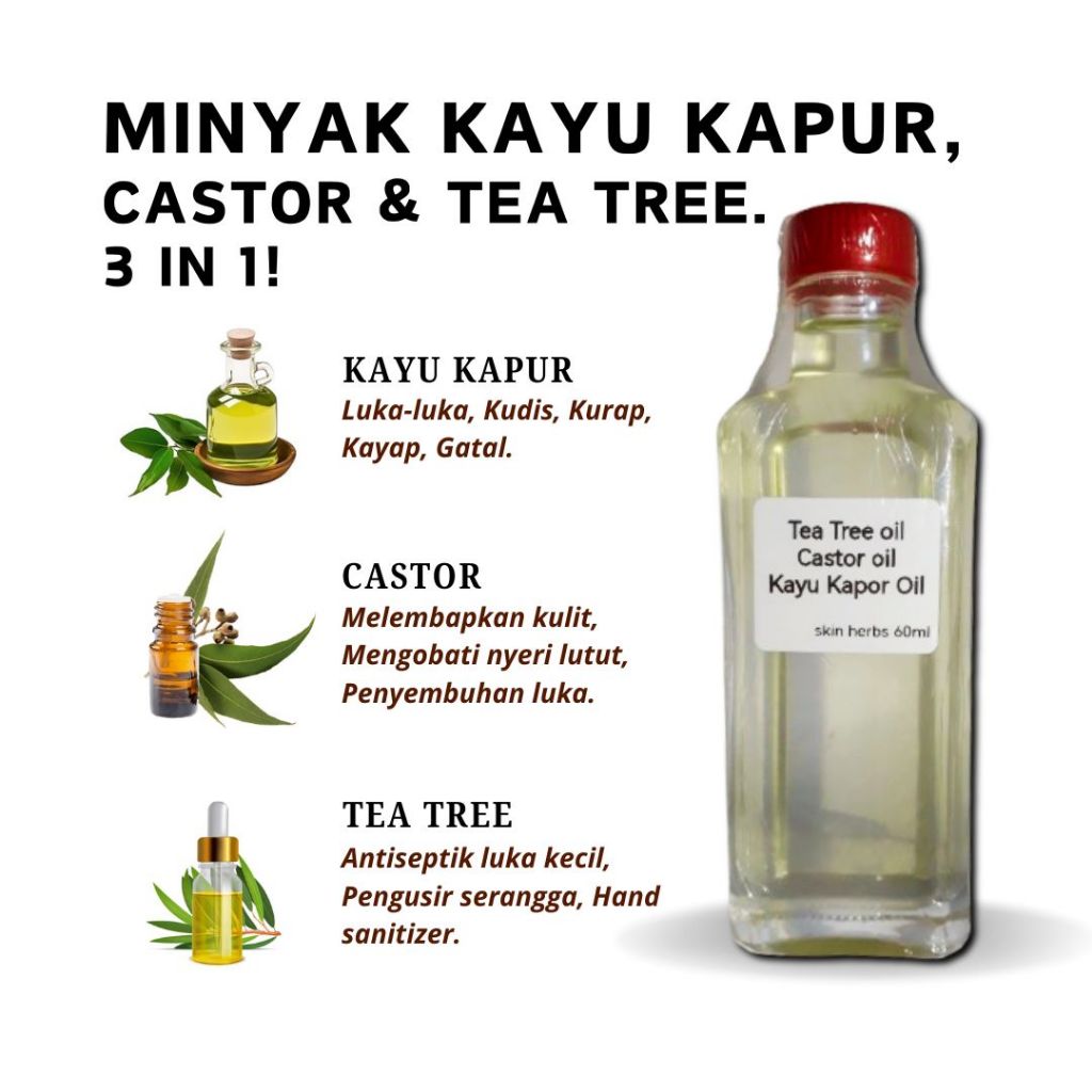 𝐌𝐢𝐧𝐲𝐚𝐤 𝐊𝐚𝐲𝐮 𝐊𝐚𝐩𝐮𝐫, 𝐂𝐚𝐬𝐭𝐨𝐫 𝐎𝐢𝐥 & 𝐓𝐞𝐚 𝐓𝐫𝐞𝐞 𝐎𝐢𝐥, 𝐎𝐫𝐢𝐠𝐢𝐧𝐚𝐥 𝐀𝐬𝐥𝐢 𝟑 𝐈𝐧 𝟏 𝐒𝐤𝐢𝐧 𝐇𝐞𝐫𝐛𝐬 | Shopee Malaysia