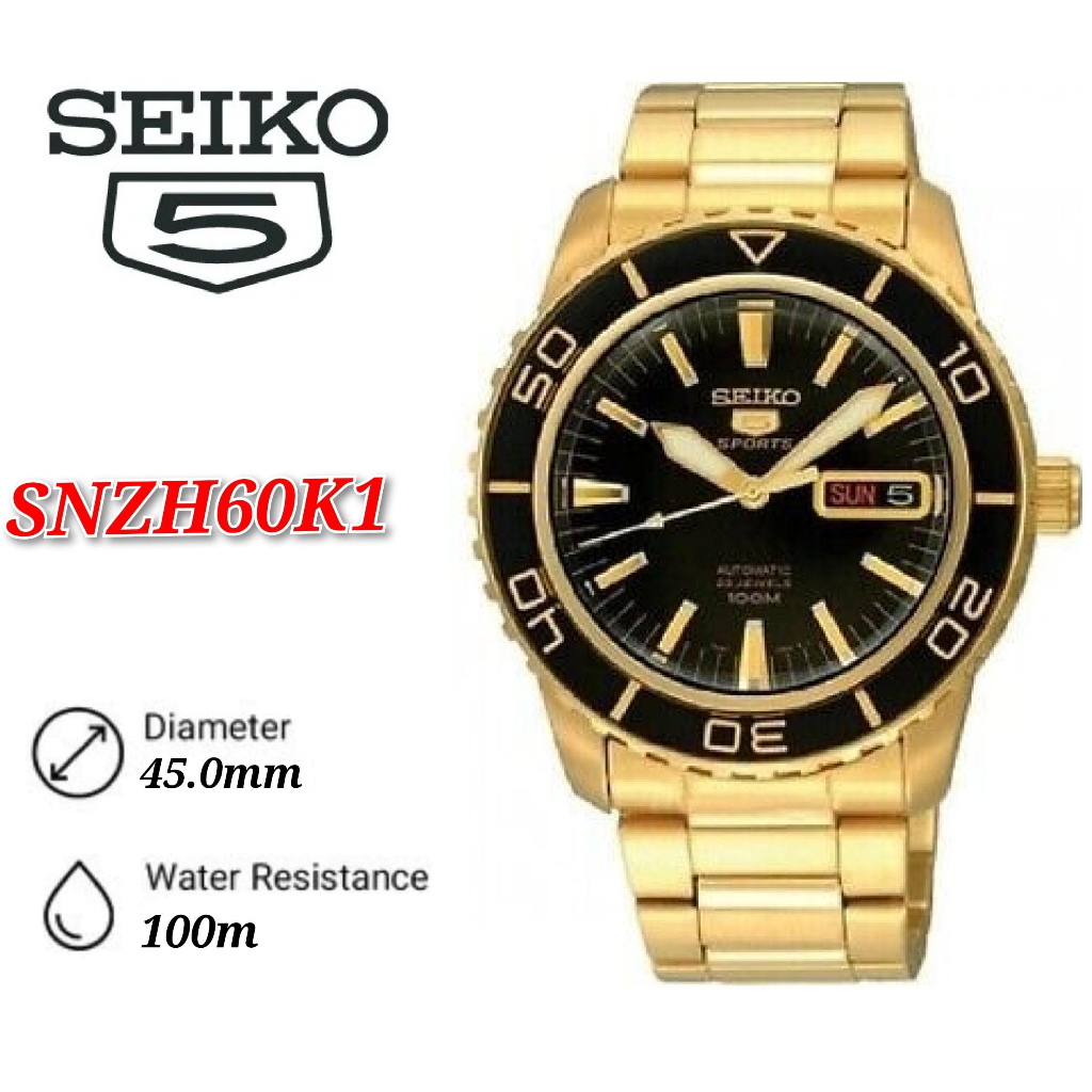 Seiko 5 Sports SNZH60K1 Automatic Black Dial Hardlex Crystal Glass Gold ...