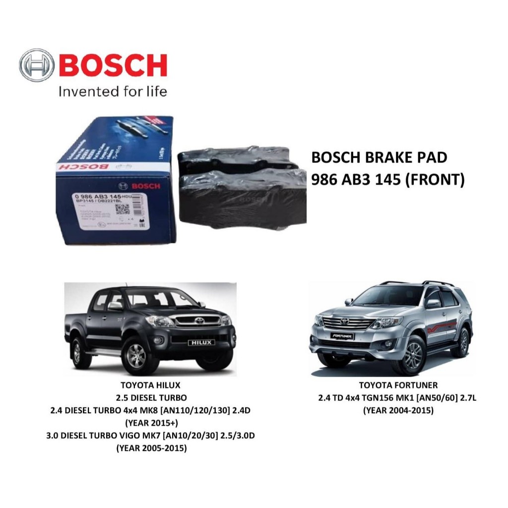 TOYOTA HILUX BRAKE PAD FORTUNER BOSCH BRAKE PAD (986 AB3 145) (FR ...