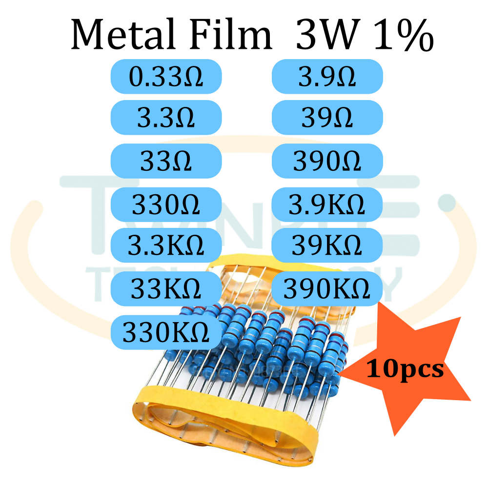 Resistor 3W Metal Film 0.33ohm,3.3ohm,33ohm,330ohm,3.3Kohm,33Kohm,330Kohm,3.9ohm,39 ohm,390 ohm ...