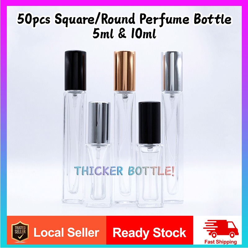 50PCS Botol Parfum Petak Cylinder 10ml 5ml Thick Glass Perfume Bottle ...