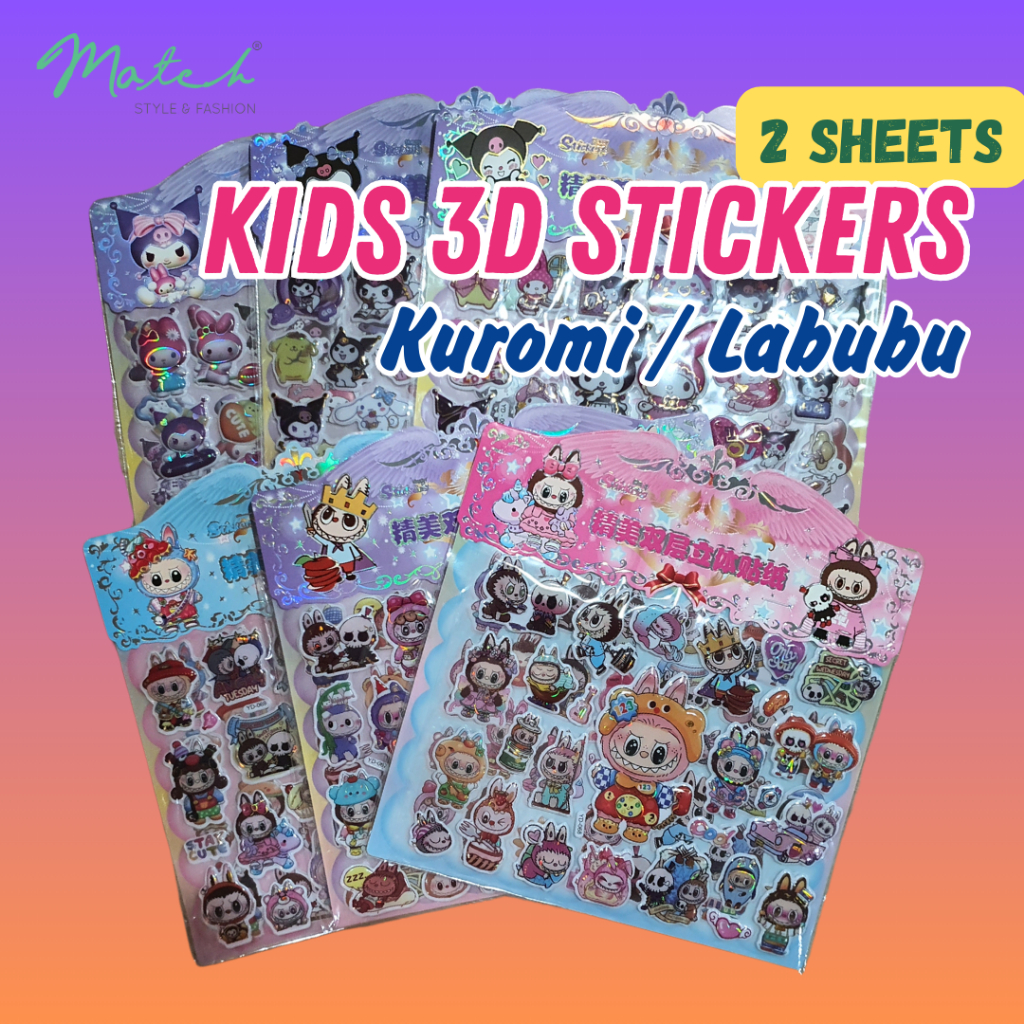 Kids 3D Stickers Two Sheets Labubu Sanrio Kuromi Melody Cinnamoroll Pompompurin Kids Rabbit Cute ...