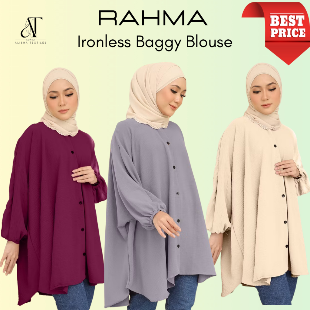 Ironless Loose Baggy Buttons Blouse Muslimah Top Labuh Women Kemeja ...
