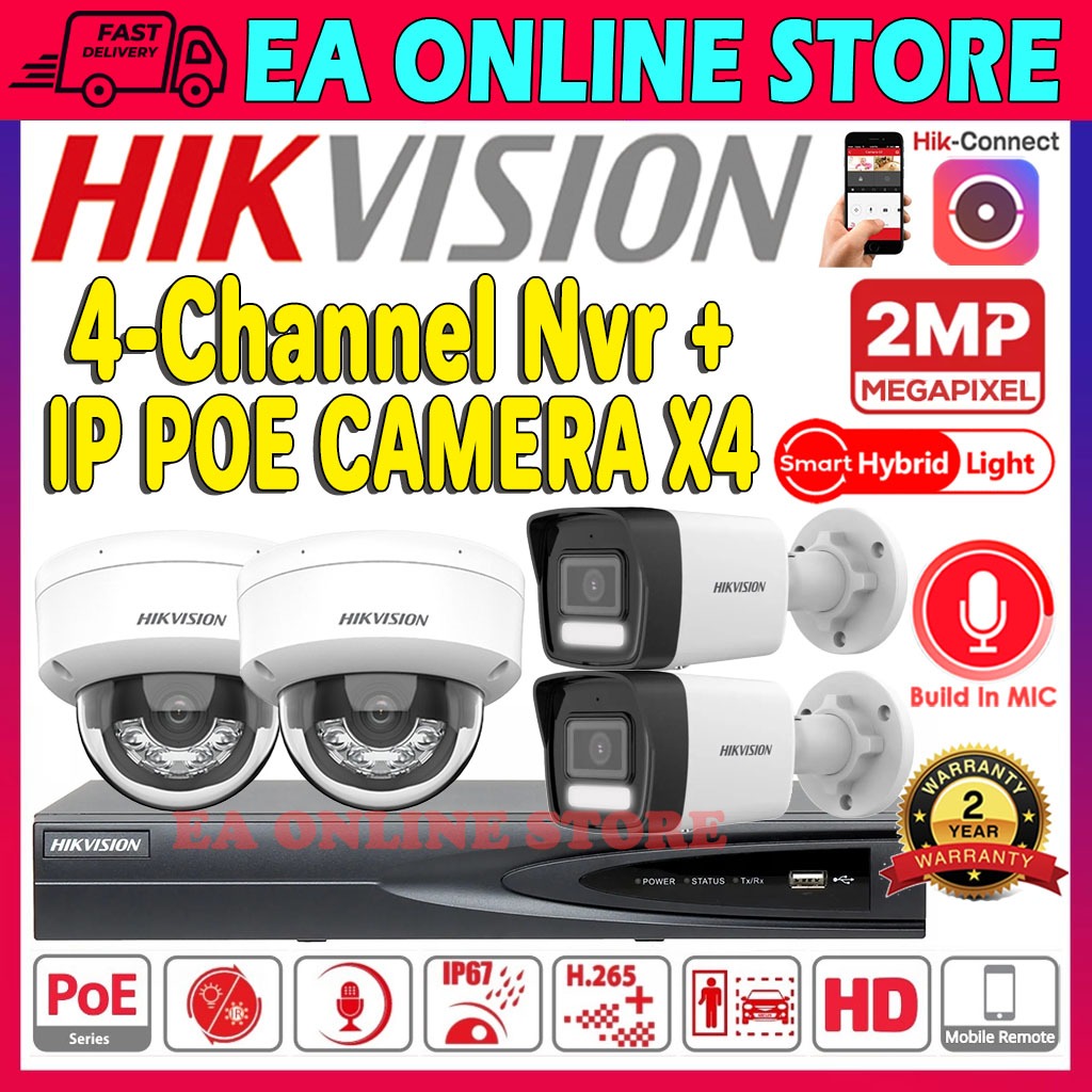 HIK HIKVISION 4CH 2.0MP DS-7604NI-Q1/4P NVR + 4 PoE CAMERA CCTV IP Network Smart Hybrid Light ...
