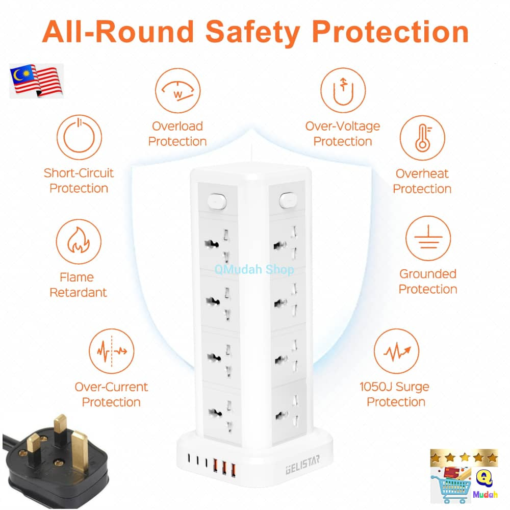 5m Wire Space Saving Universal Tower Extension Socket Plug Dual Type C ...