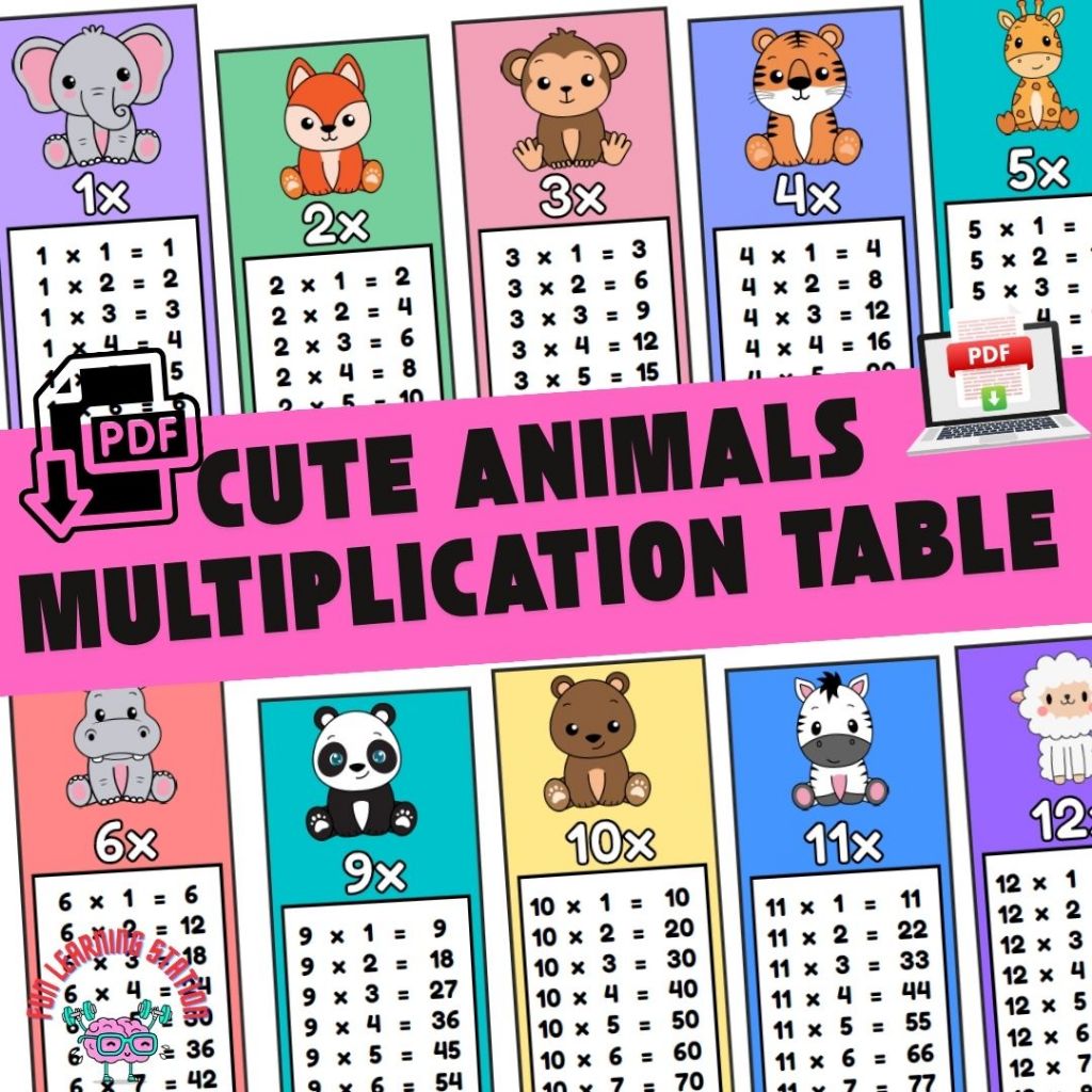 Colorful Cute Animals Multiplication Table Chart 1-12 I Maths ...
