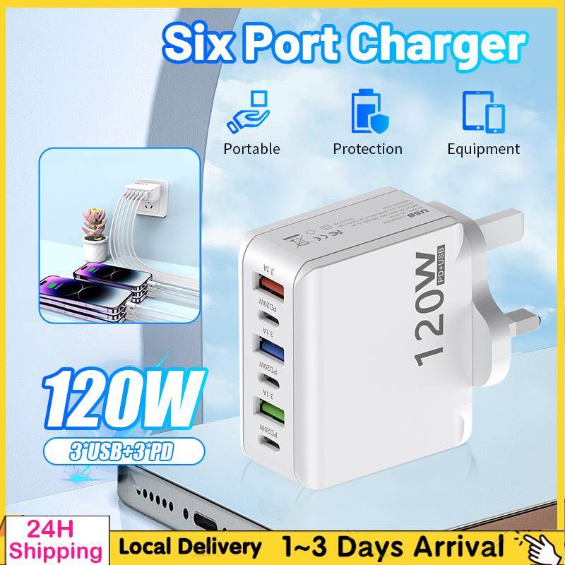 🔥6Ports 120W Fast Charger Super Fast Charger Type C Quick Charge 3.0 ...