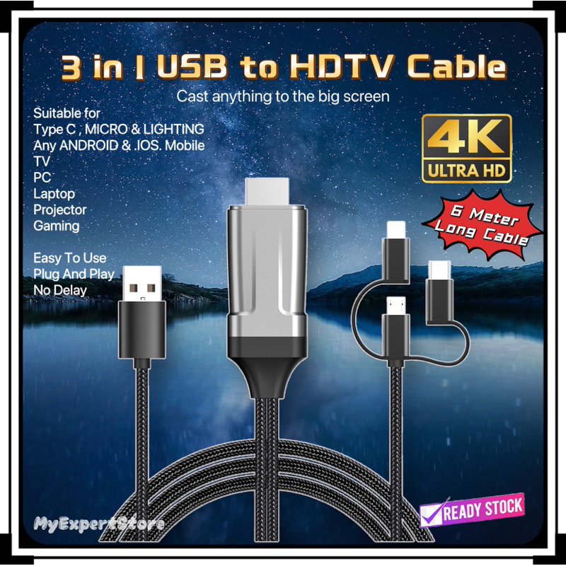 3in1 1080p HDTV 6M Mirascreen Cable Phone to TV HD USB to HDMI Cable ...