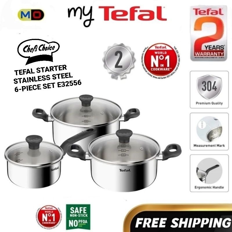 Tefal Starter Stainless Steel 6pcs Set With Lid (16cm Saucepan + 20 & 24cm Stewpot) E325S6 ...
