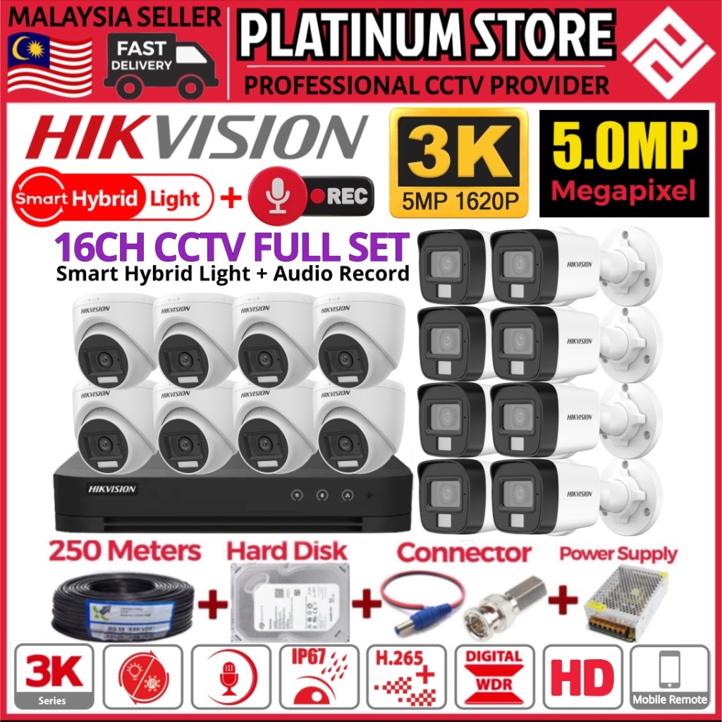 HIK HIKVISION 5MP 16CH Smart Hybrid Light Audio FULL COMPLETE SET DVR ...