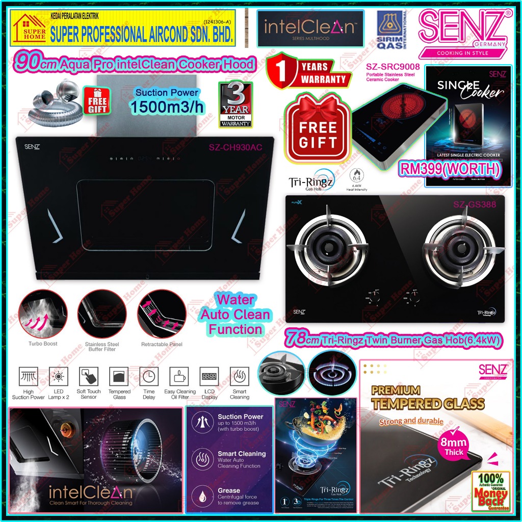 Senz Hood SZ-CH930AC Aqua Pro intelClean MultiHood / Senz Built-in Hob ...