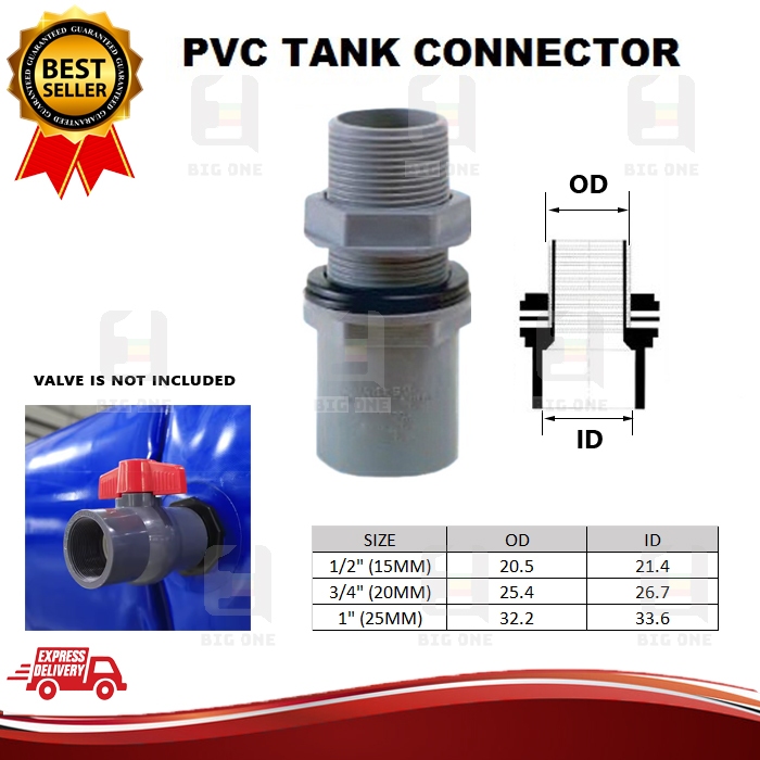 (1/2", 3/4", 1") GREY PVC TANK CONNECTOR WATER PIPE FITTING JOINT WITH NUT AND WASHER PENYAMBUNG ...