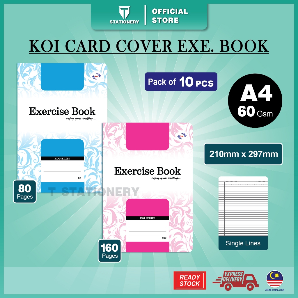 [10 pcs/pack] KOI A4 Card Cover Exercise Book | 80 pg | 100pg | 120pg ...