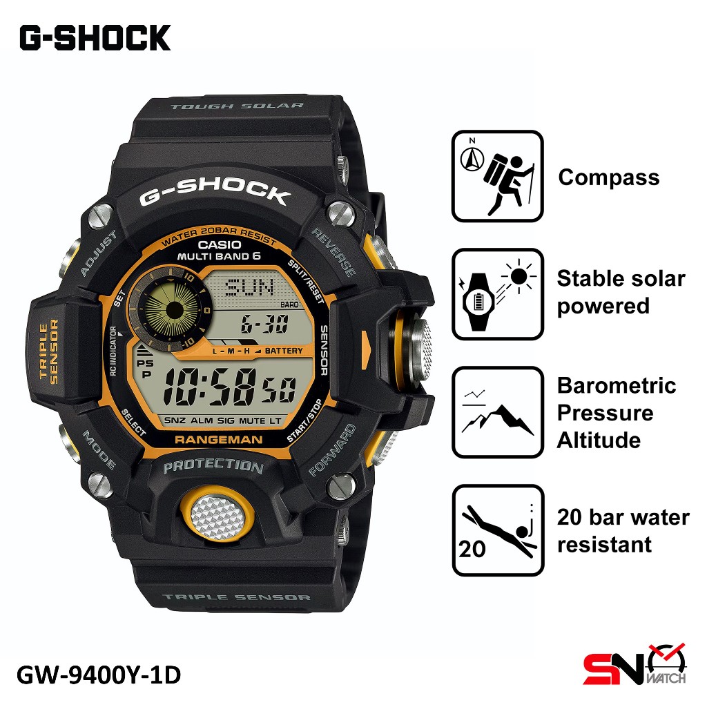 Casio G-Shock GW-9400 GW-9400Y Rangeman Series Triple Sensor Tough Solar Digital Black Resin ...